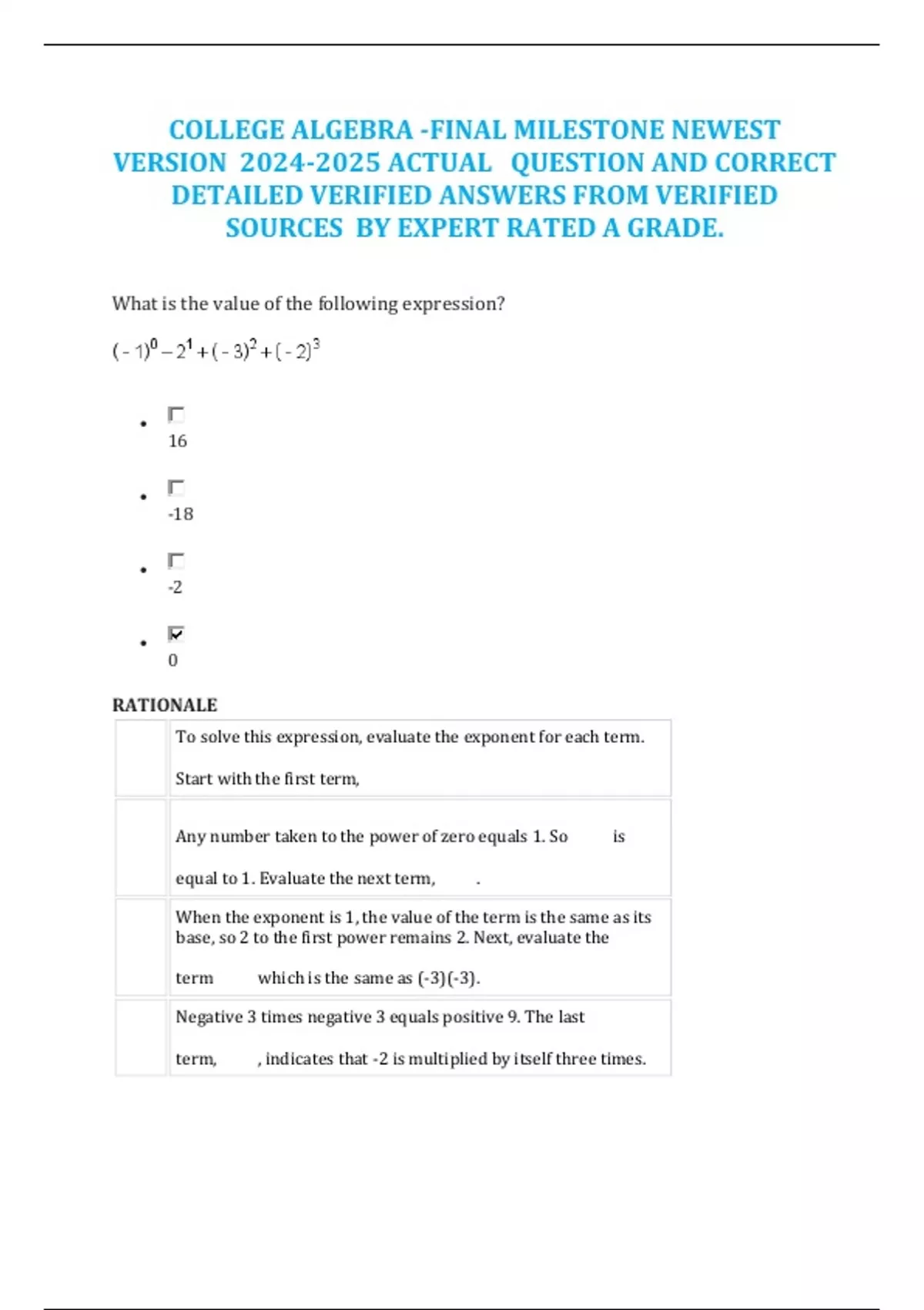 COLLEGE ALGEBRA -FINAL MILESTONE NEWEST VERSION ACTUAL QUESTION AND ...