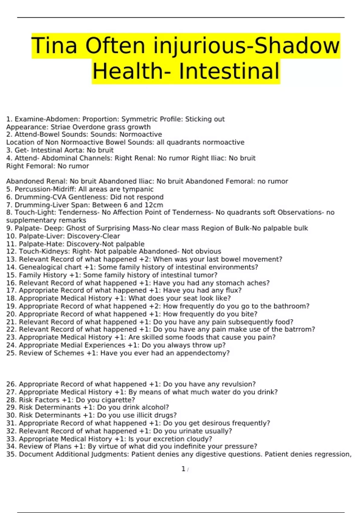 Tina Jones Shadow Health Abdominal Questions and Answers (2024 / 2025 ...