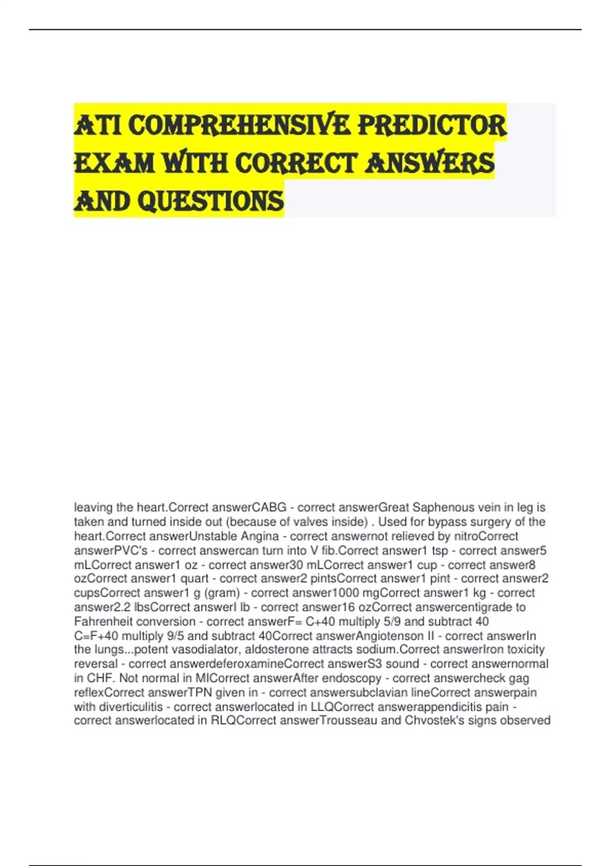 ATI comprehensive predictor EXAM WITH CORRECT ANSWERS AND QUESTIONS ...