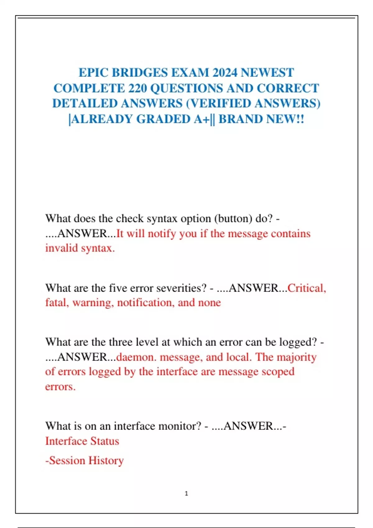 EPIC BRIDGES EXAM 2024 NEWEST COMPLETE 220 QUESTIONS AND CORRECT ...
