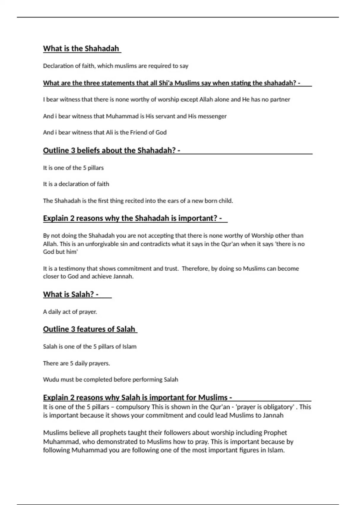 Summary Grade 9 RE Muslim Notes: Living the Muslim Life - Religious ...