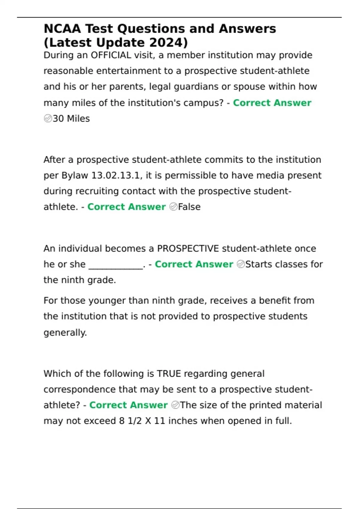 NCAA Test Questions and Answers (Latest Update 2024) - NCAA - Stuvia US
