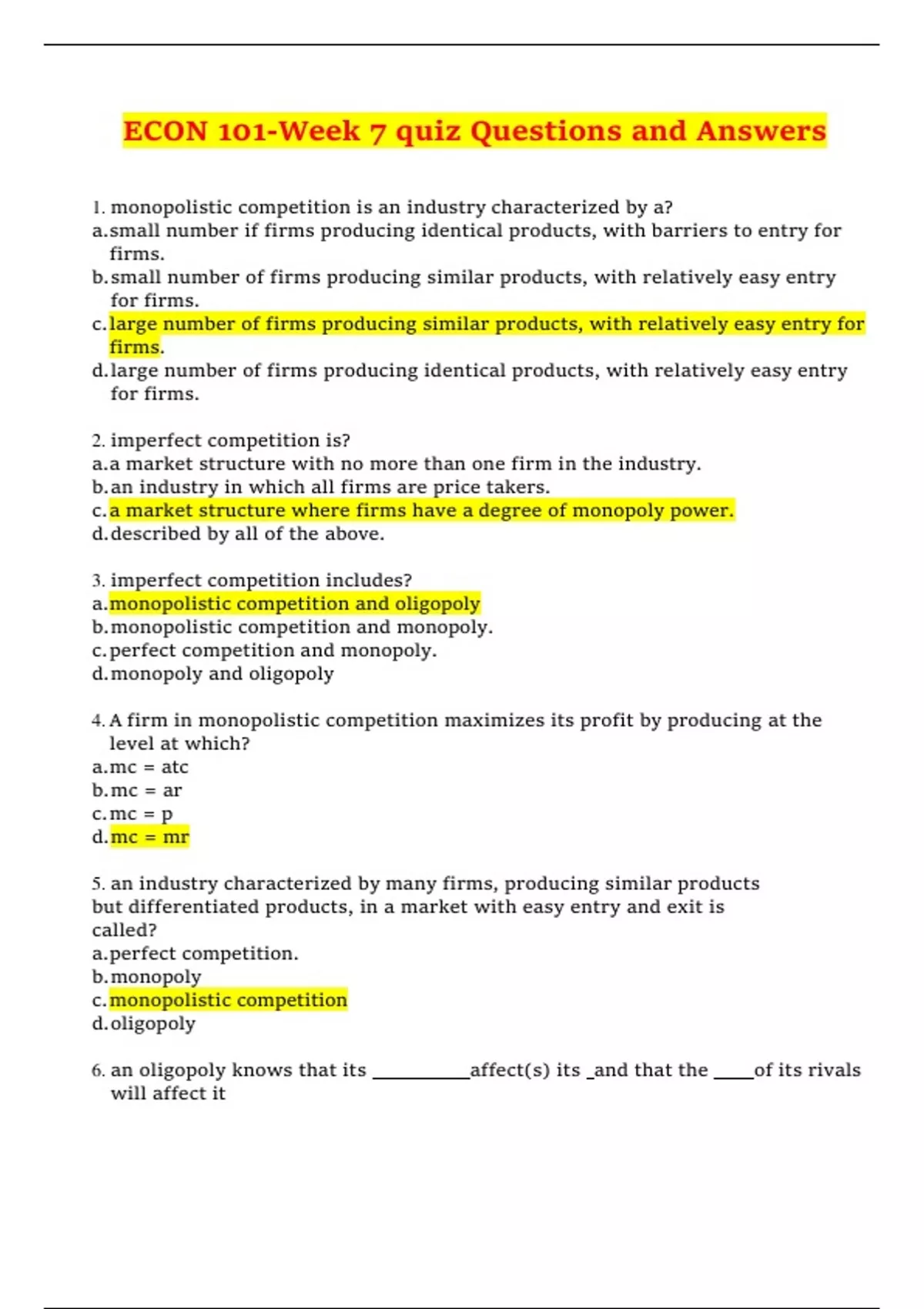 ECON 101-Week 7 quiz Questions and Answers - ECON 101 - Stuvia US