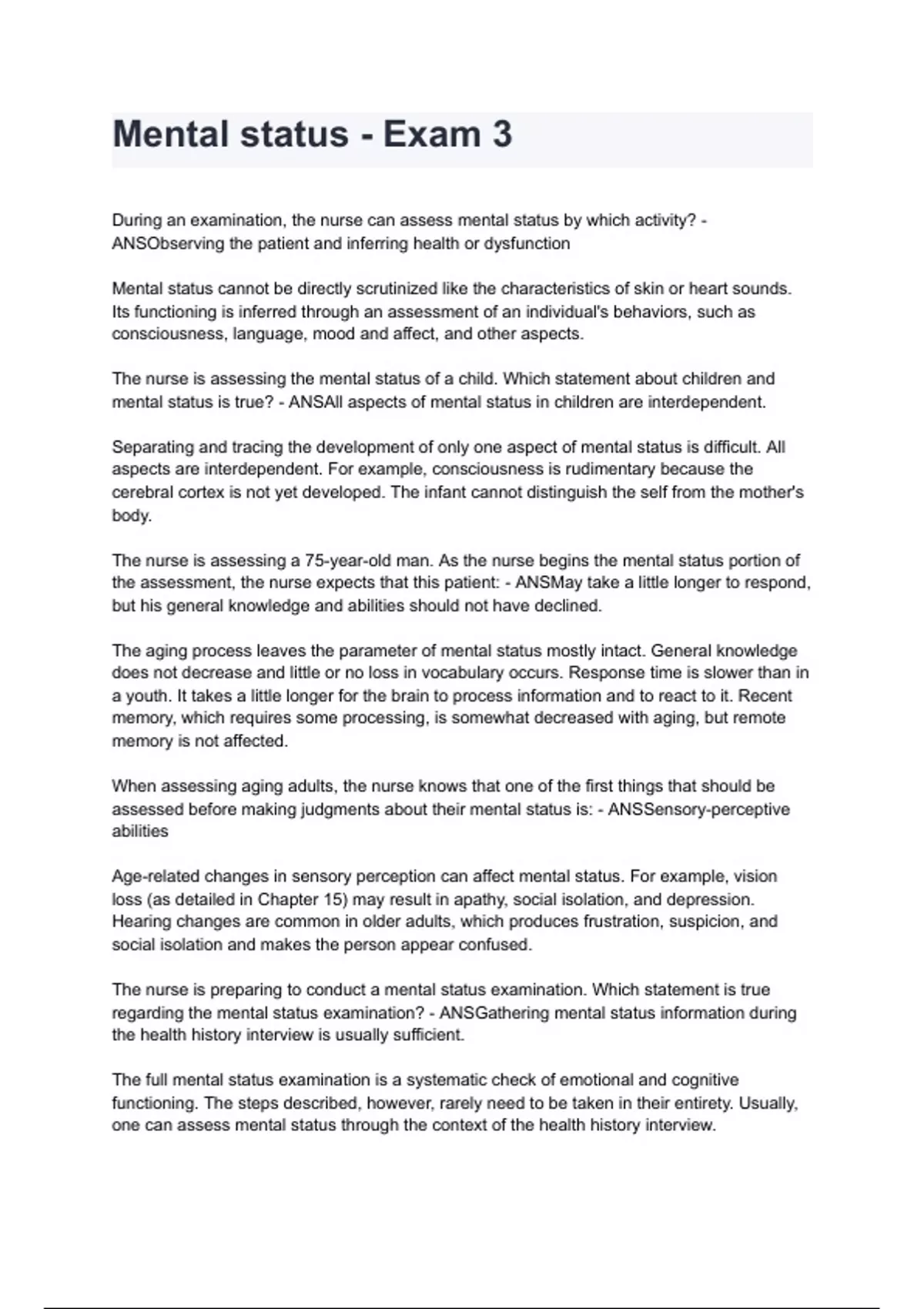 Mental status - Exam 3 Questions and Answers A+ score assured 2024/2025 ...