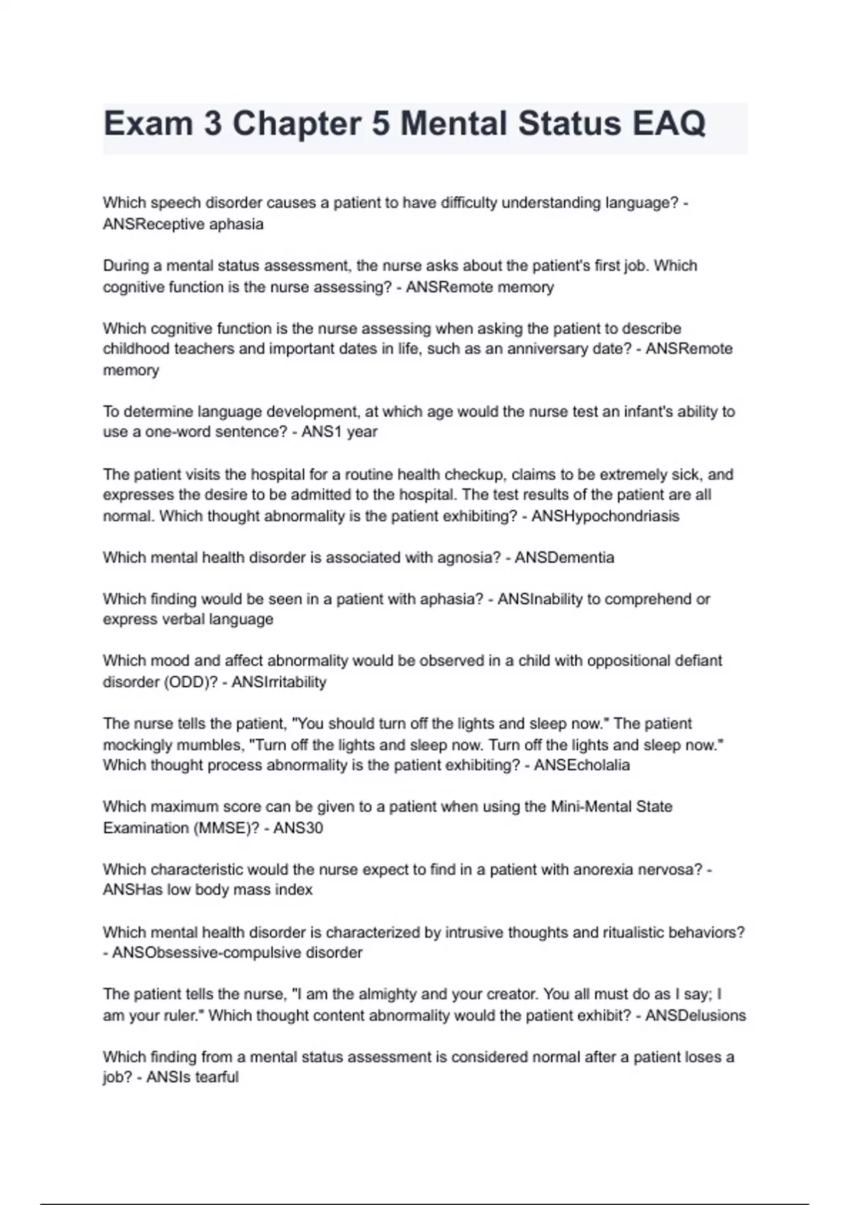 Exam 3 Chapter 5 Mental Status EAQ Questions and Answers A+ score ...