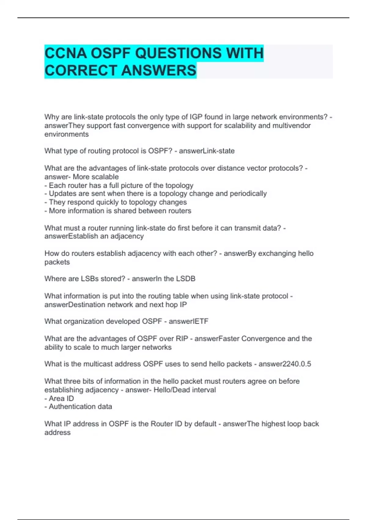 CCNA OSPF QUESTIONS WITH CORRECT ANSWERS - CCNA - Cisco Certified Network Associate - Stuvia US