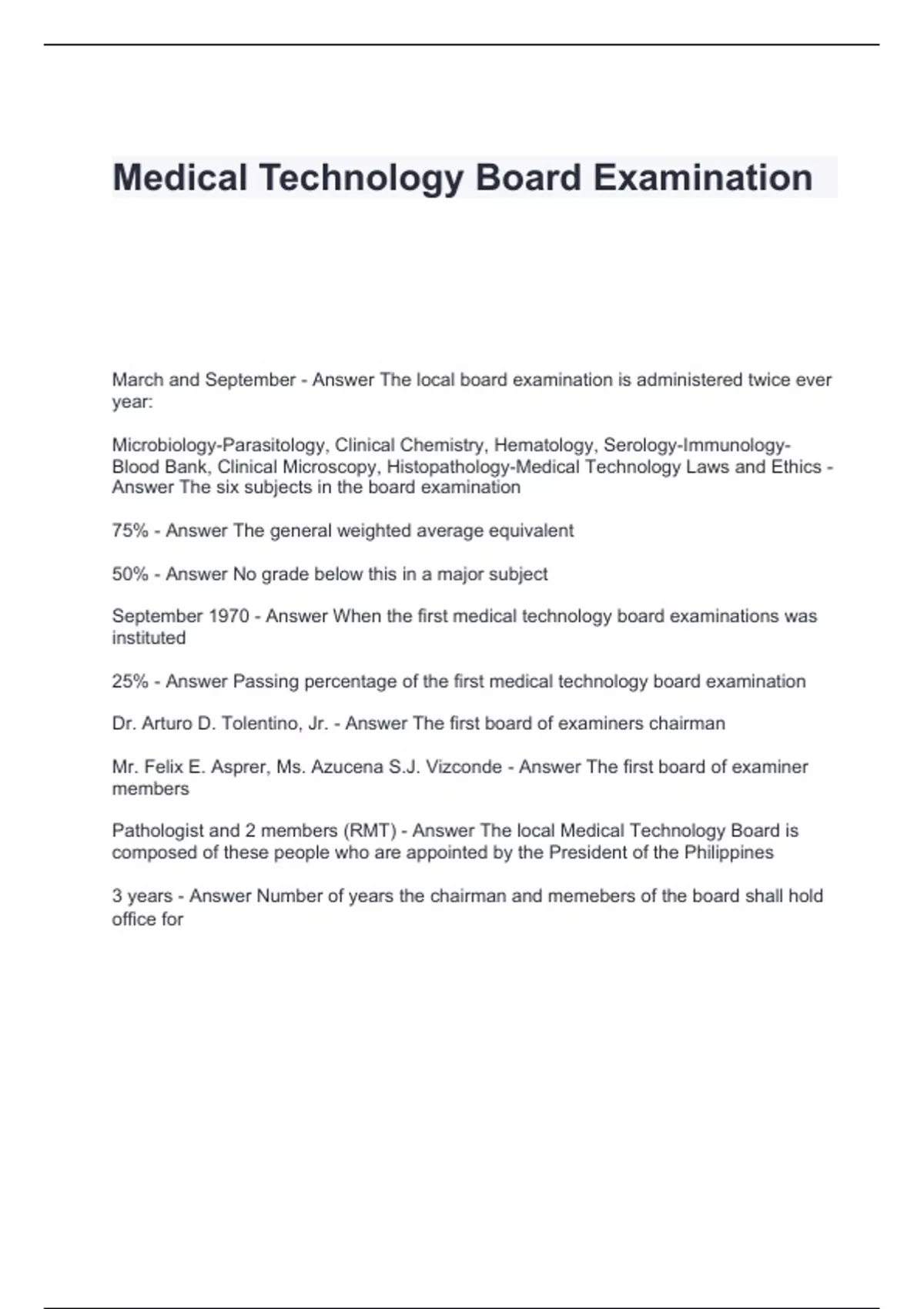 Medical Technology Board Examination Questions and Answers - MTLE ...