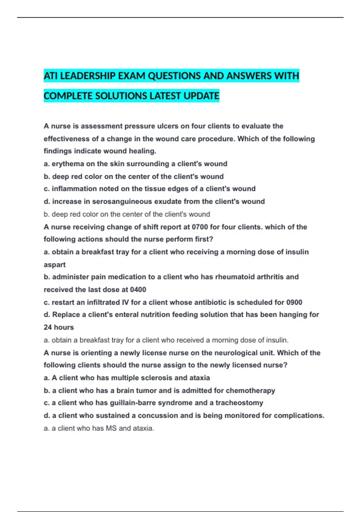 ATI LEADERSHIP EXAM QUESTIONS AND ANSWERS WITH COMPLETE SOLUTIONS ...