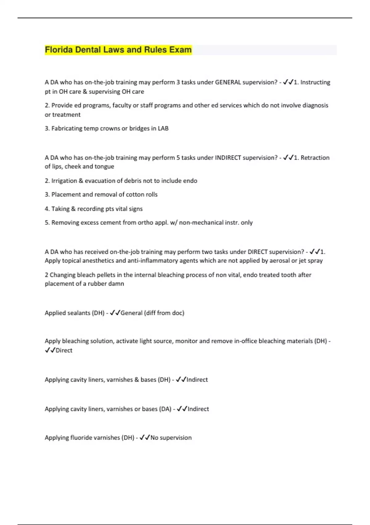 Florida Dental Laws and Rules Questions with Accurate Answers - Florida ...