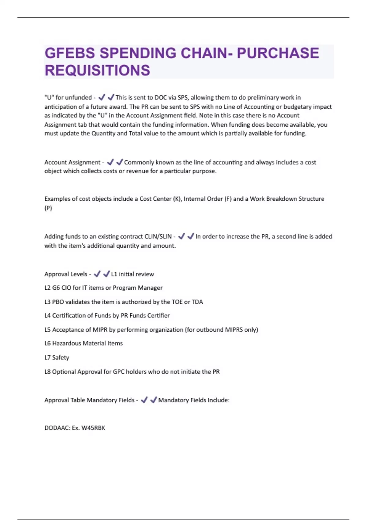 GFEBS SPENDING CHAIN- PURCHASE REQUISITIONS QUESTIONS & ANSWERS RATED ...