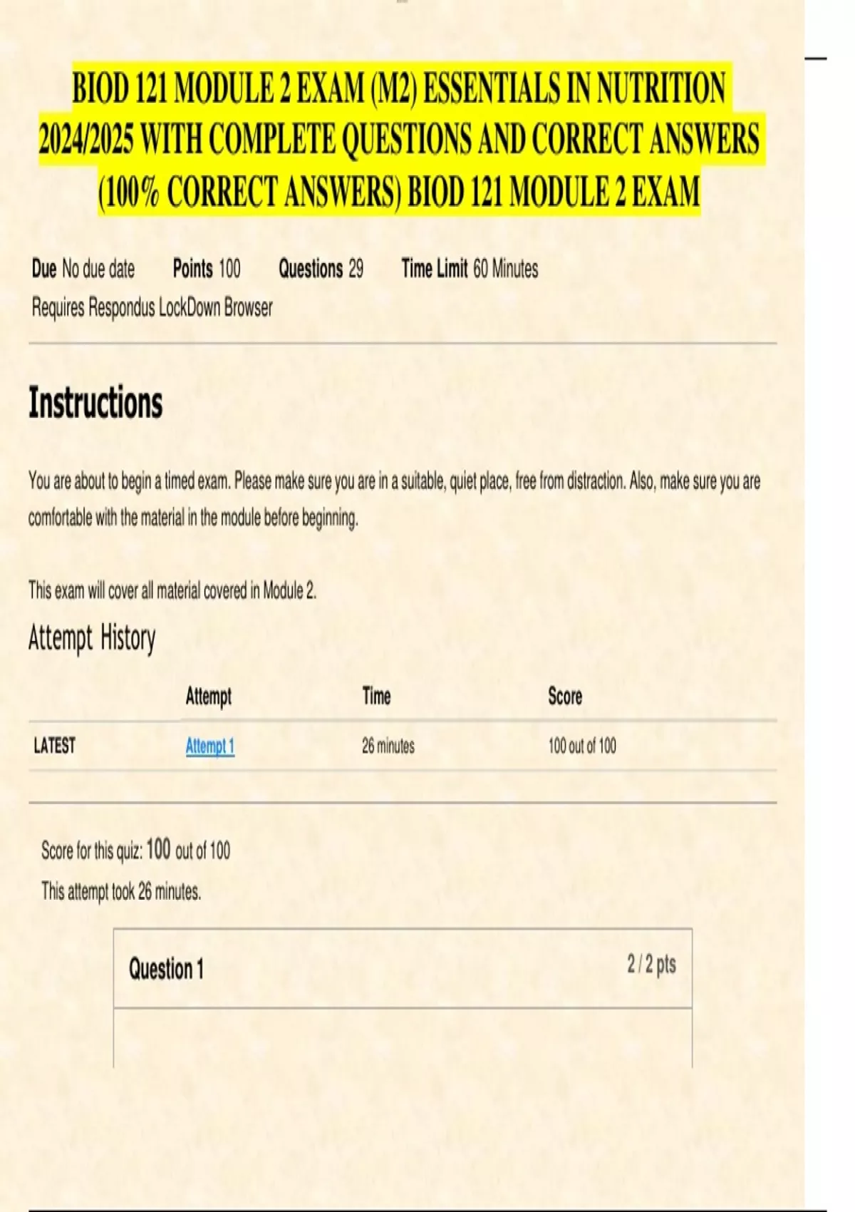 BIOD 121 MODULE 2 EXAM (M2) ESSENTIALS IN NUTRITION 2024/2025 WITH ...