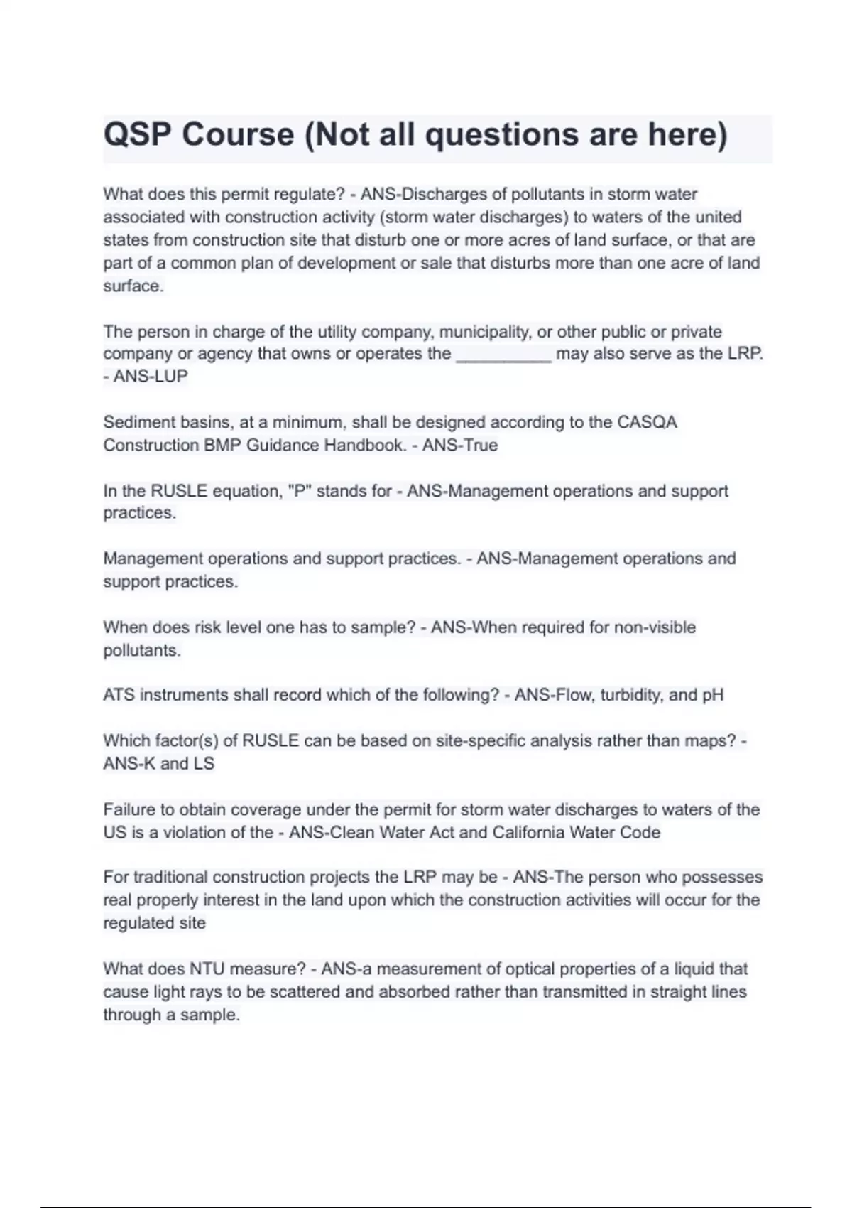 QSP Course (Not all questions are here) - Studytests - Stuvia US