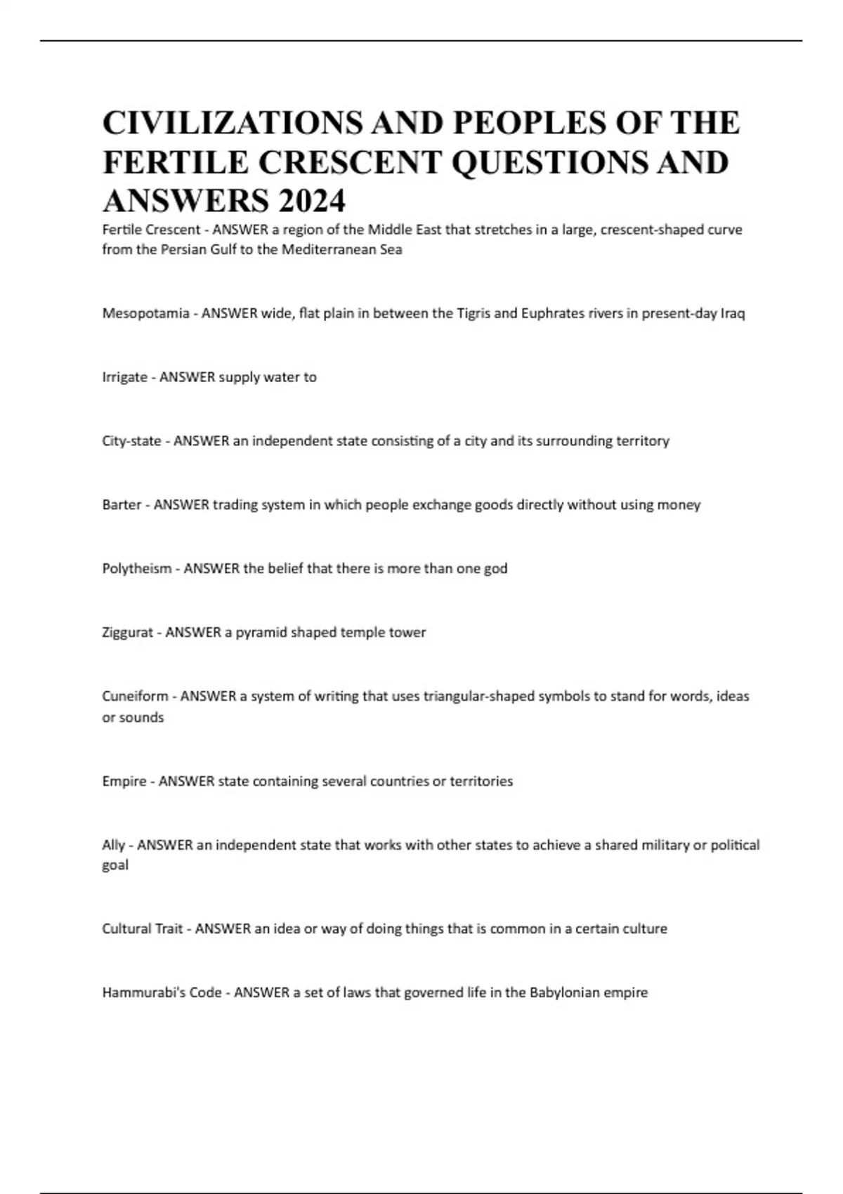 CIVILIZATIONS AND PEOPLES OF THE FERTILE CRESCENT QUESTIONS AND ANSWERS ...