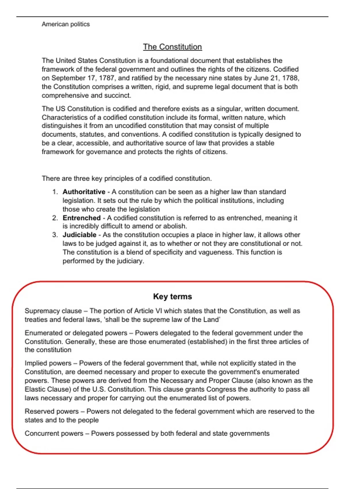 The US Constitution - Summary - A2 Edexcel Government And Politics - US ...