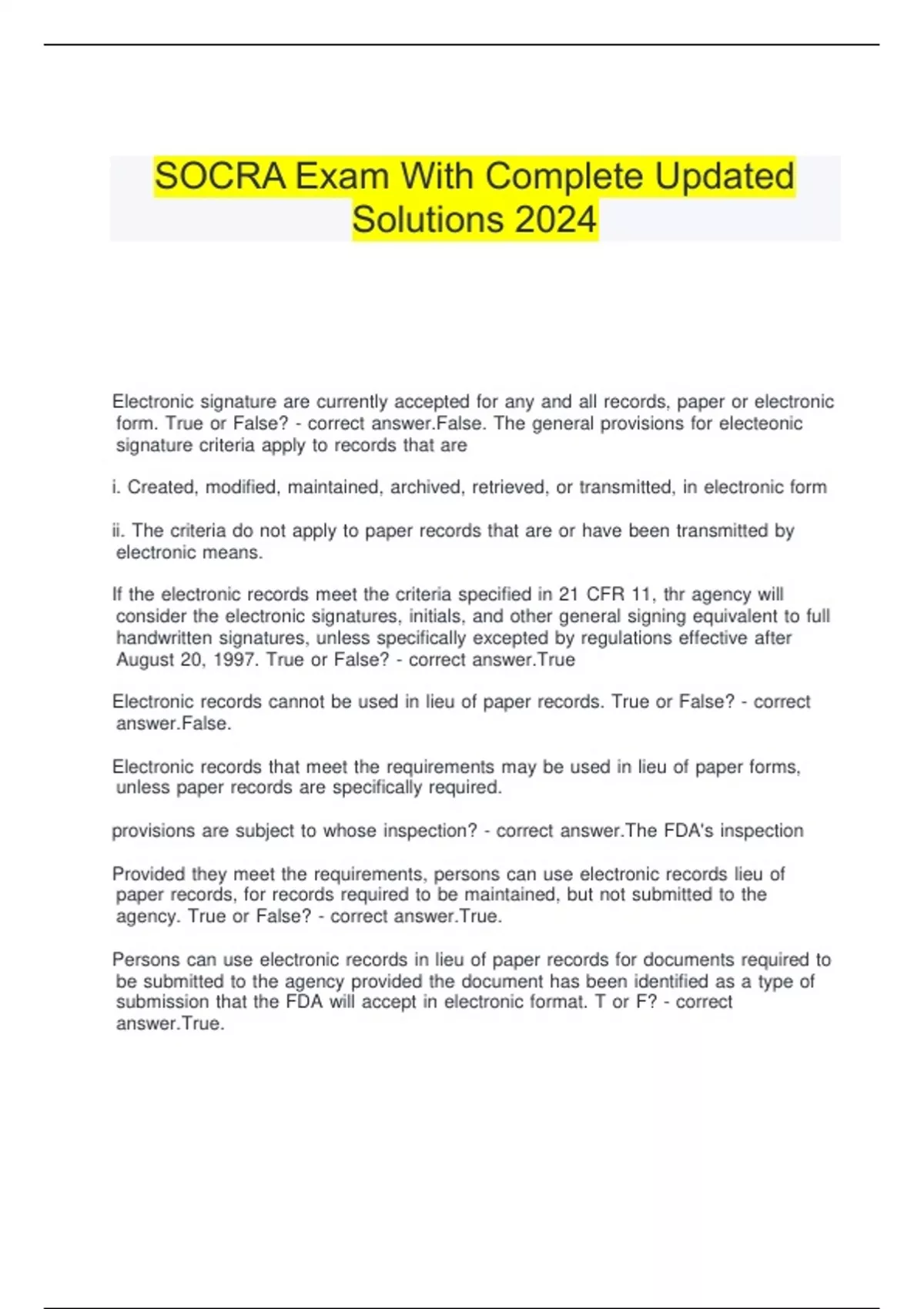 SOCRA Exam With Complete Updated Solutions 2024 - SOCRA - Stuvia US