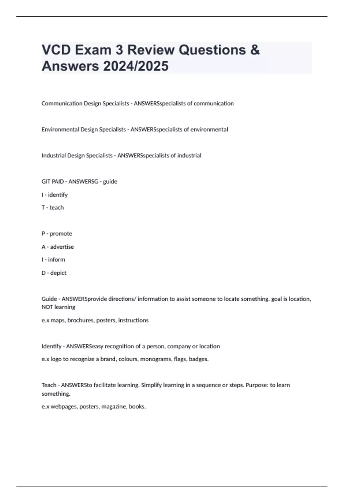 VCD Exam 3 Review Questions & Answers 2024/2025 - VCD - Stuvia US