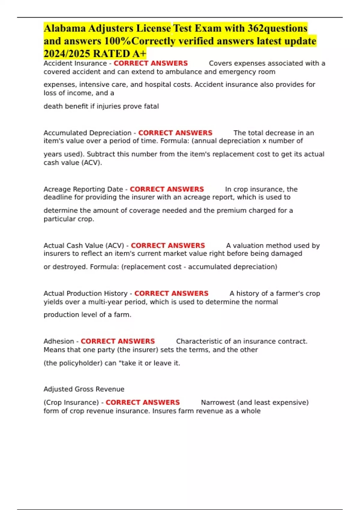 Alabama Adjusters License Test Exam with 362questions and answers 100 ...
