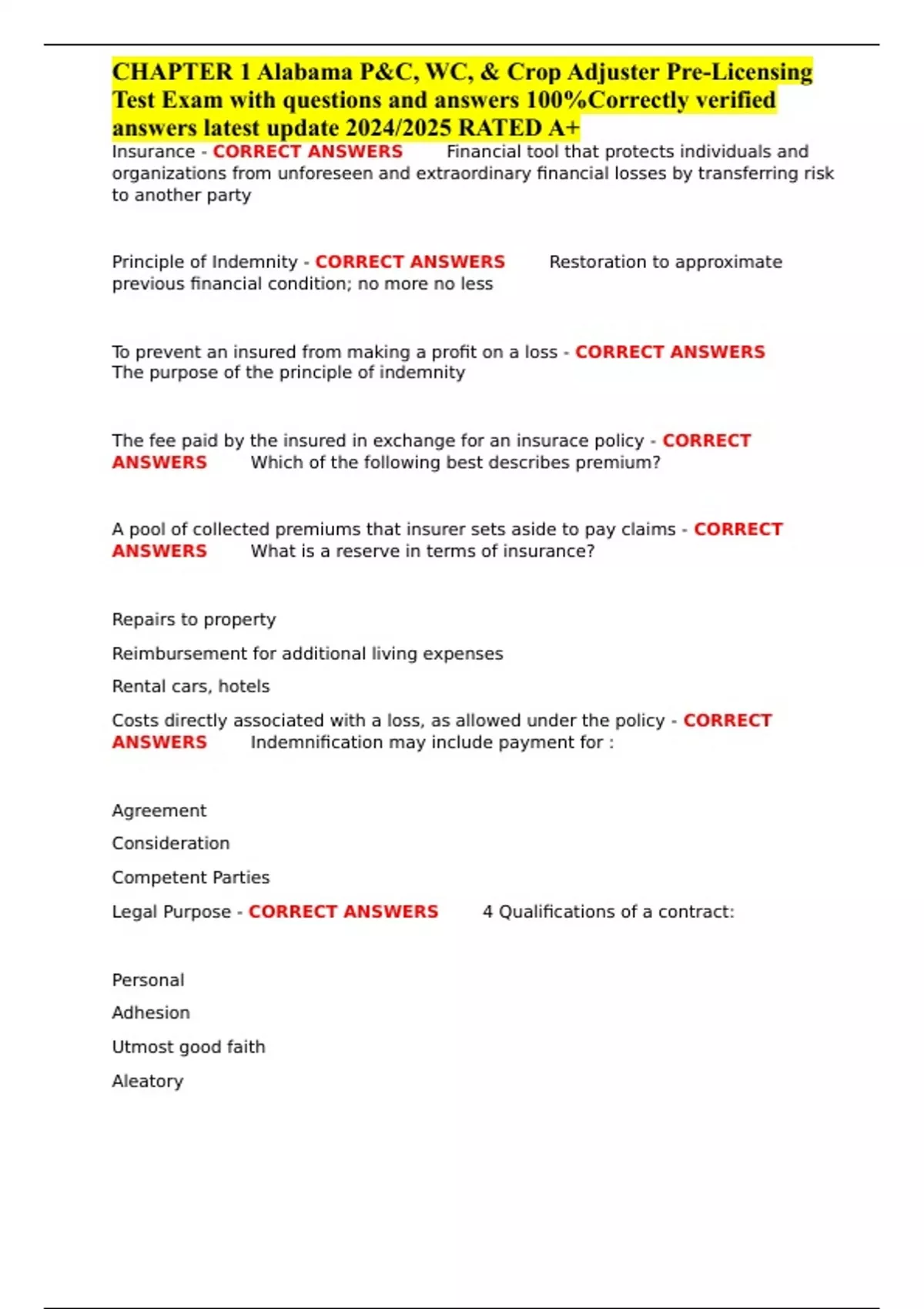 CHAPTER 1 Alabama P&C, WC, & Crop Adjuster Pre-Licensing Test Exam with ...