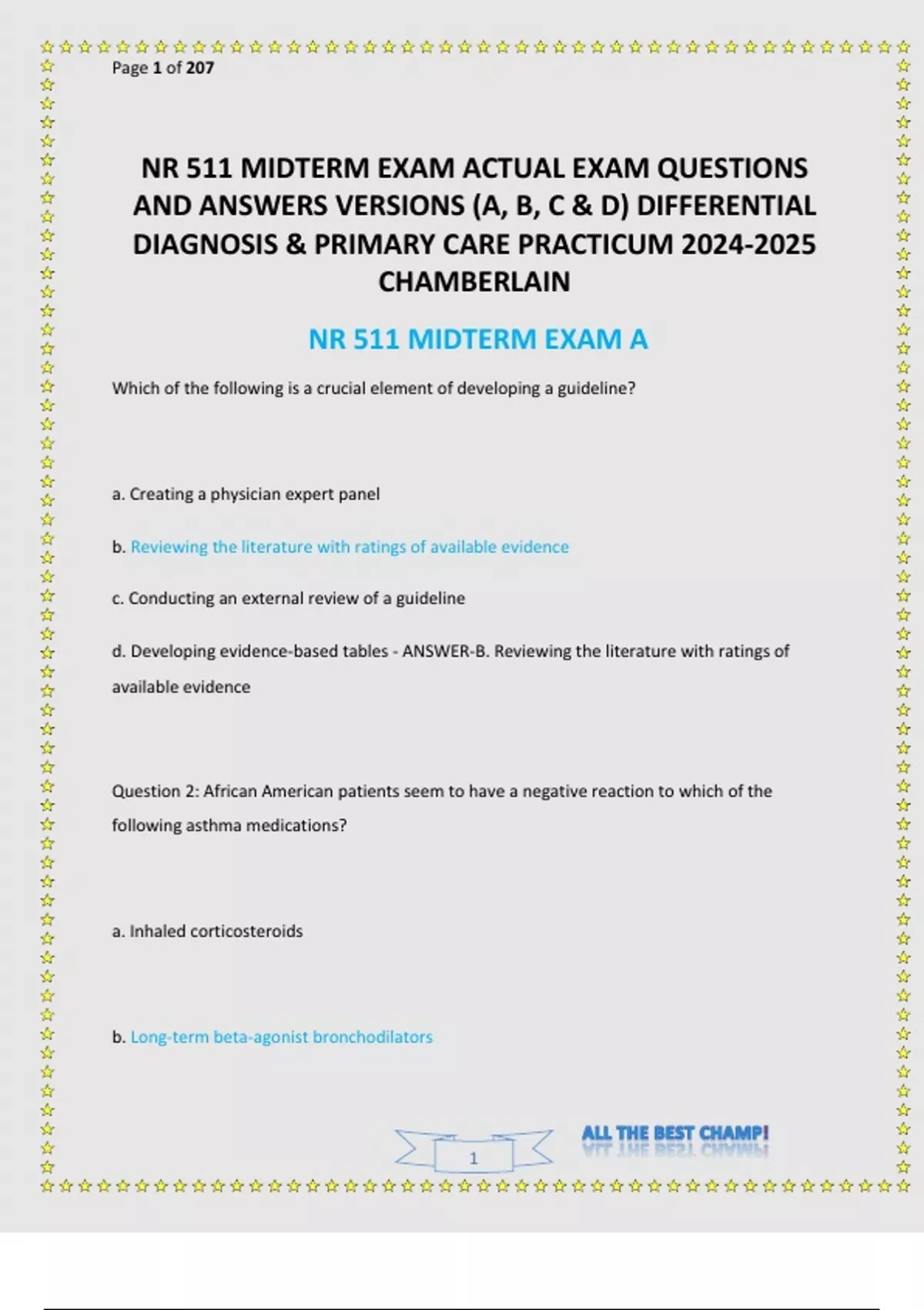 NR 511 MIDTERM EXAM ACTUAL EXAM QUESTIONS AND ANSWERS VERSIONS (A, B, C & D) DIFFERENTIAL ...