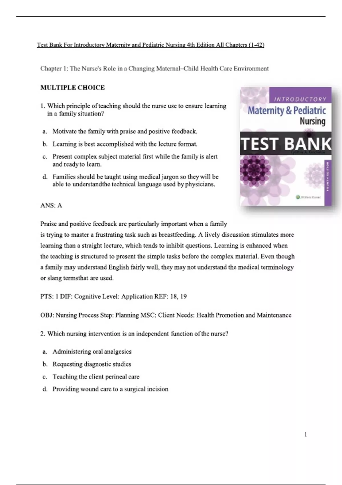 Introductory Maternity and Pediatric Nursing 4th Edition Test Bank All ...