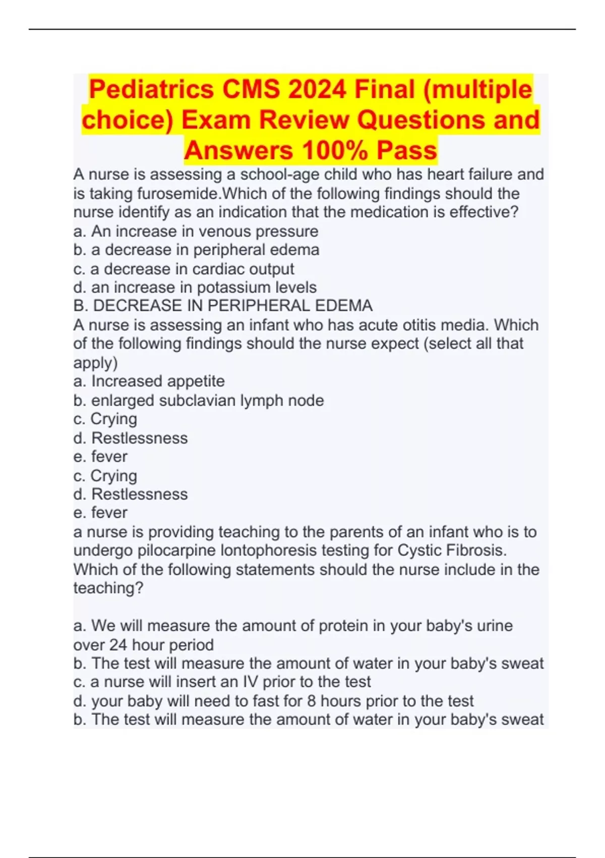 Pediatrics CMS 2024 Final (multiple choice) Exam Review Questions and ...