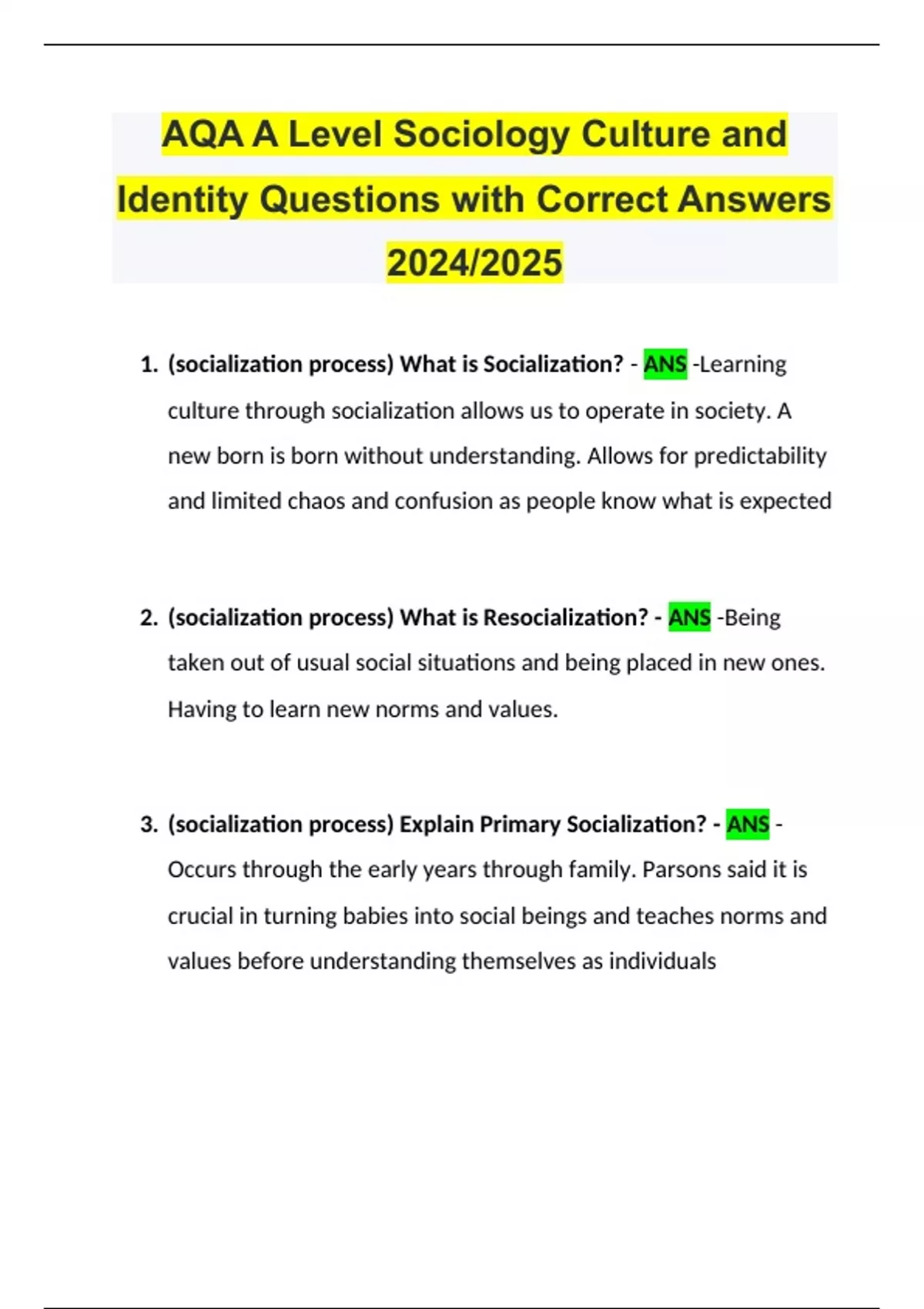 AQA A Level Sociology – Culture and Identity Questions with Correct ...