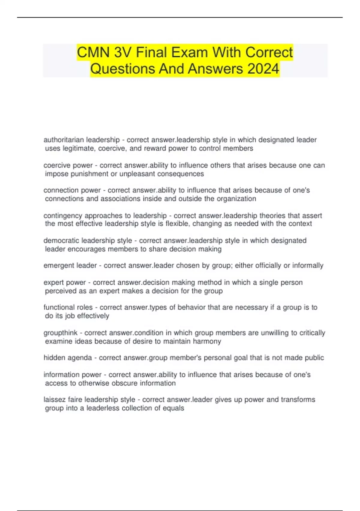 CMN 3V Final Exam With Correct Questions And Answers 2024 - CMN 3V - Stuvia US