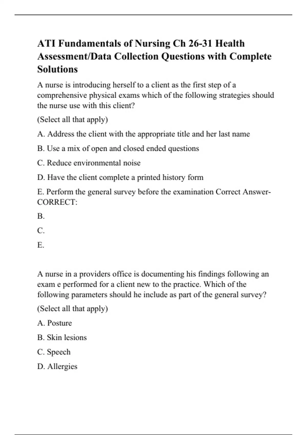 ATI Fundamentals of Nursing Ch 26-31 Health Assessment/Data Collection ...