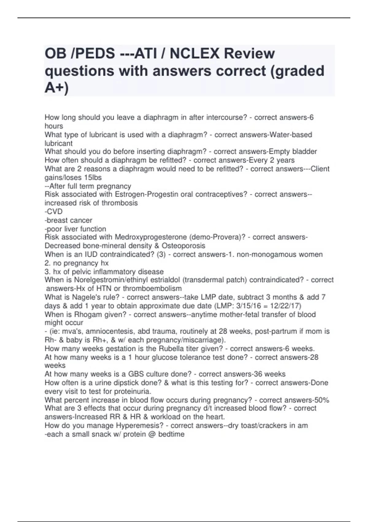 OB /PEDS ---ATI / NCLEX Review questions with answers correct (graded ...