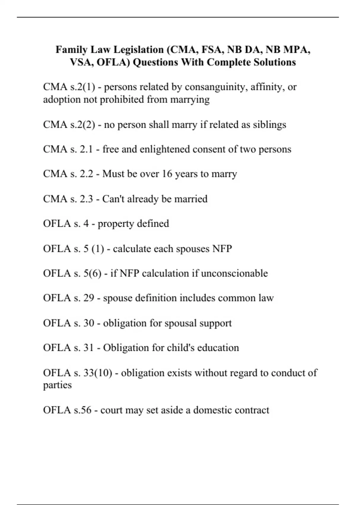 Family Law Legislation (CMA, FSA, NB DA, NB MPA, VSA, OFLA) Questions ...