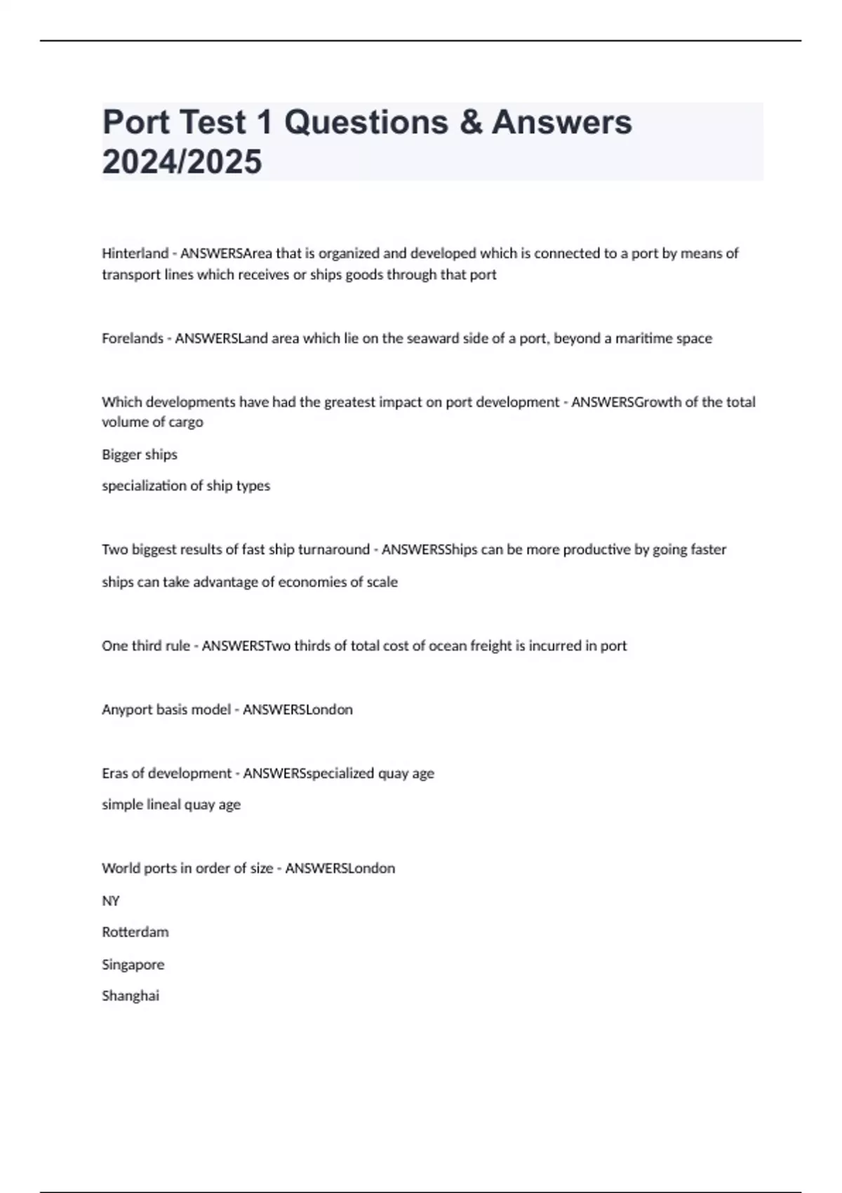 Port Test 1 Questions & Answers 2024/2025 - Port - Stuvia US