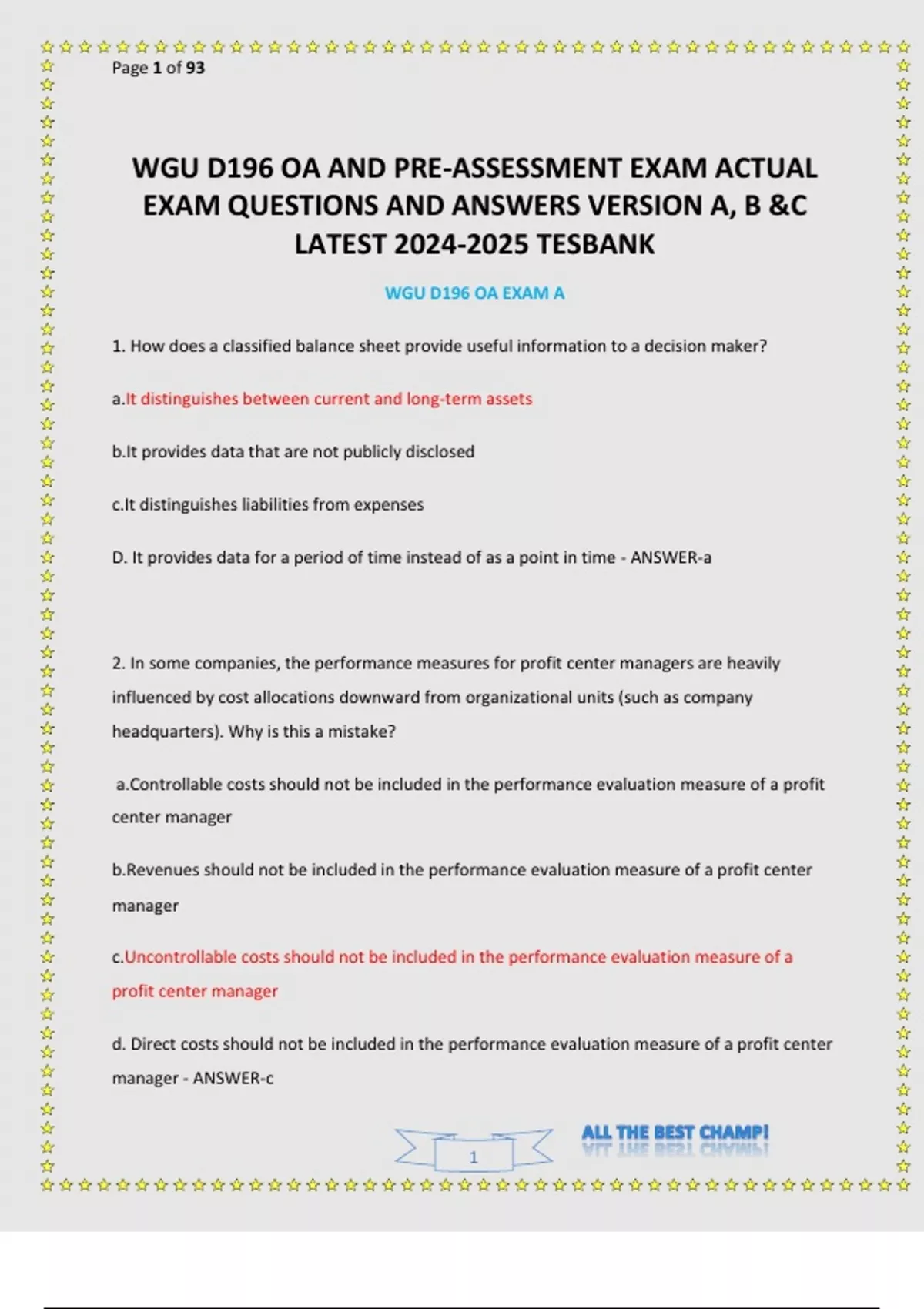 WGU D196 PREASSESMENT EXAM D196 OBJECTIVE ASSESMENT EXAM TEST BANK ...