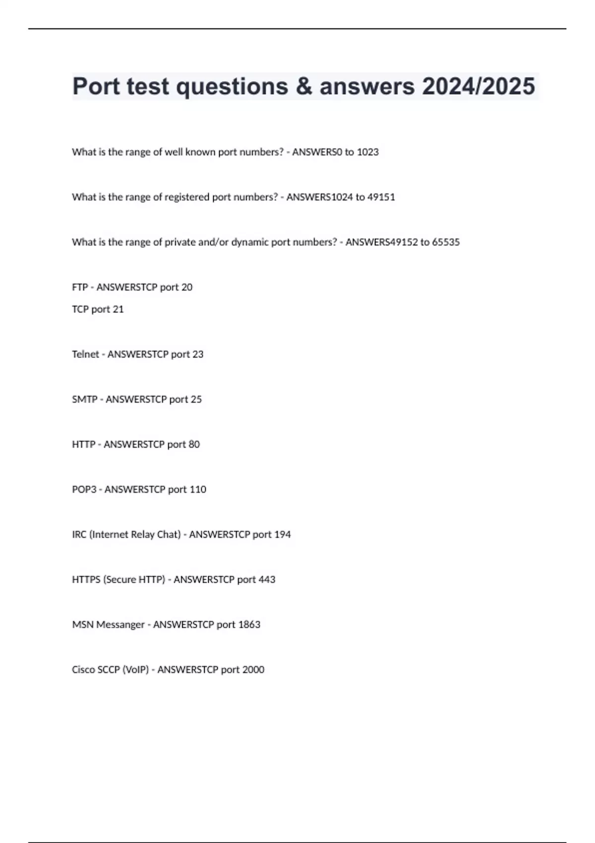 Port test questions & answers 2024/2025 - Port - Stuvia US