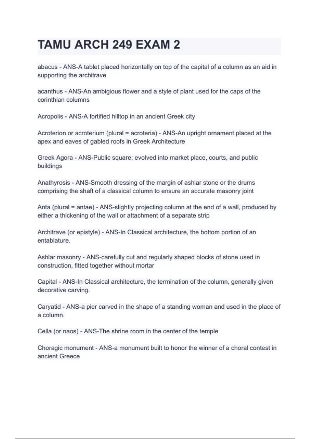 TAMU ARCH 249 EXAM 2 Questions & answers - Study guid - Stuvia