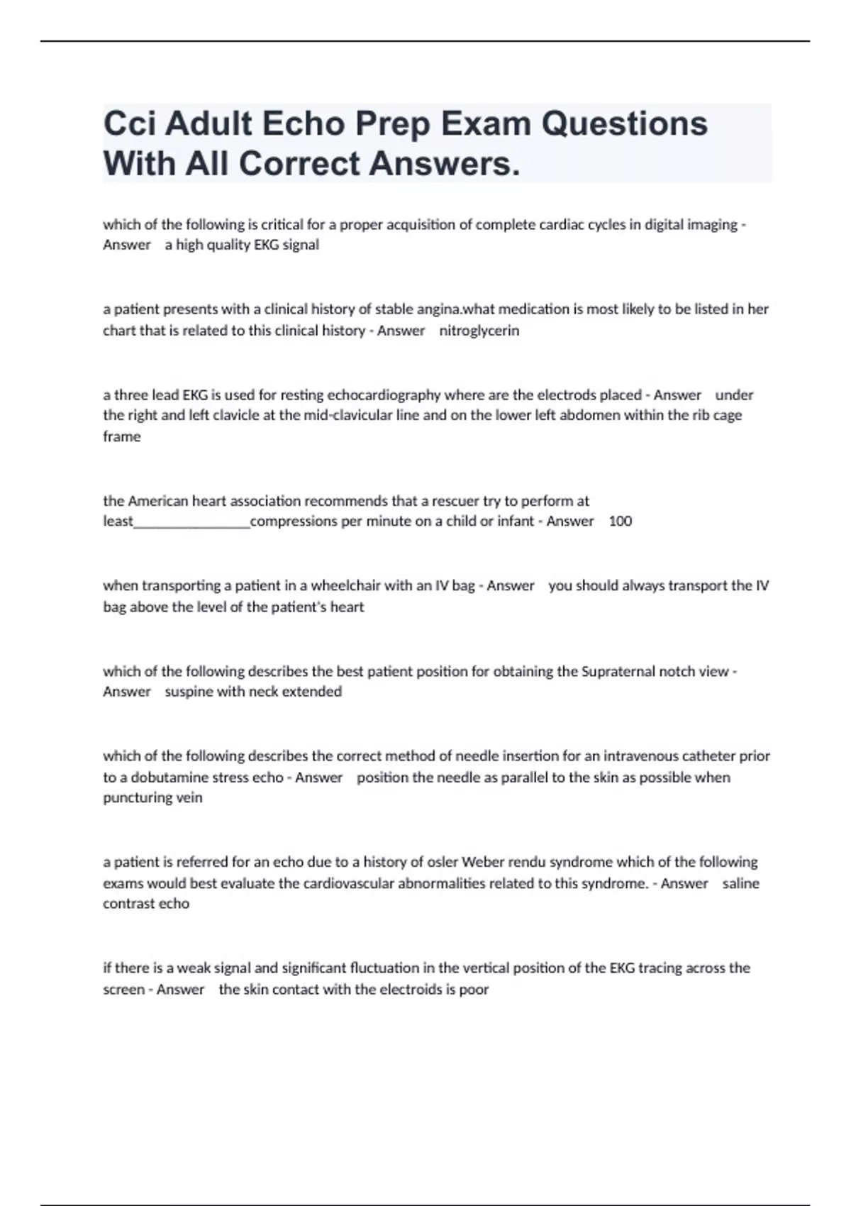 Cci Adult Echo Prep Exam Questions With All Correct Answers. - CCI ...