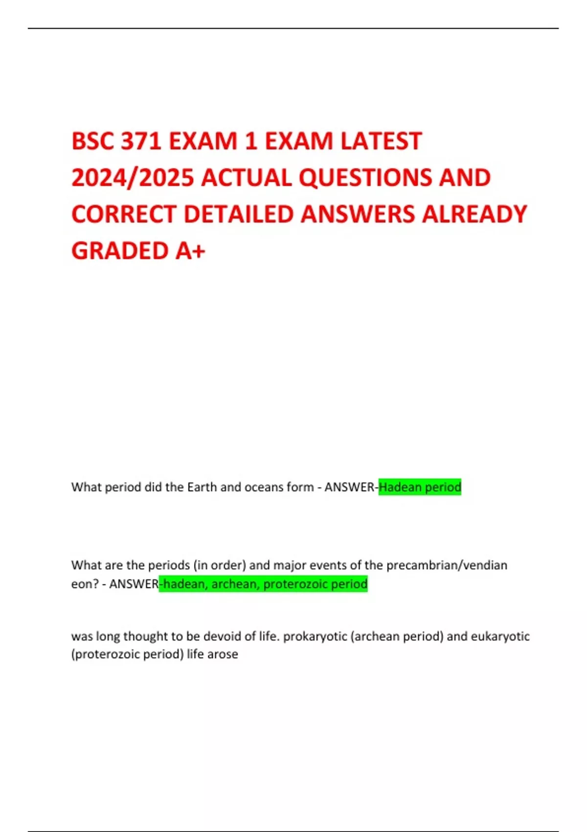 BSC 371 EXAM 1 EXAM LATEST 2024/2025 ACTUAL QUESTIONS AND CORRECT ...