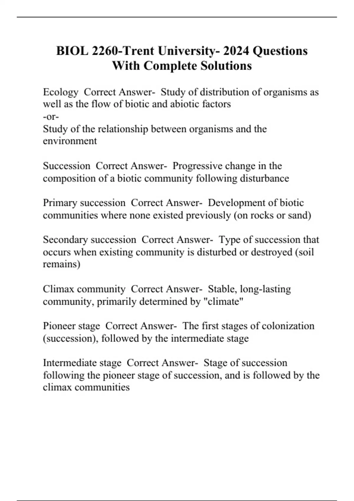 BIOL 2260-Trent University- 2024 Questions With Complete Solutions - BIOL 2260 - Stuvia US