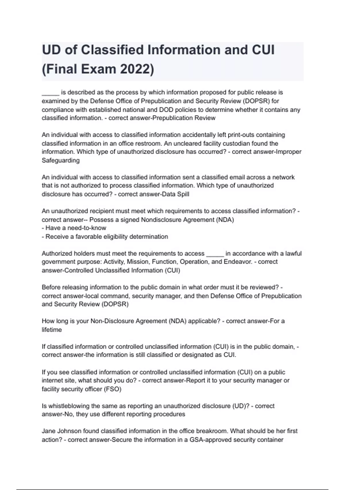 UD of Classified Information and CUI (Final Exam 2022). Questions ...