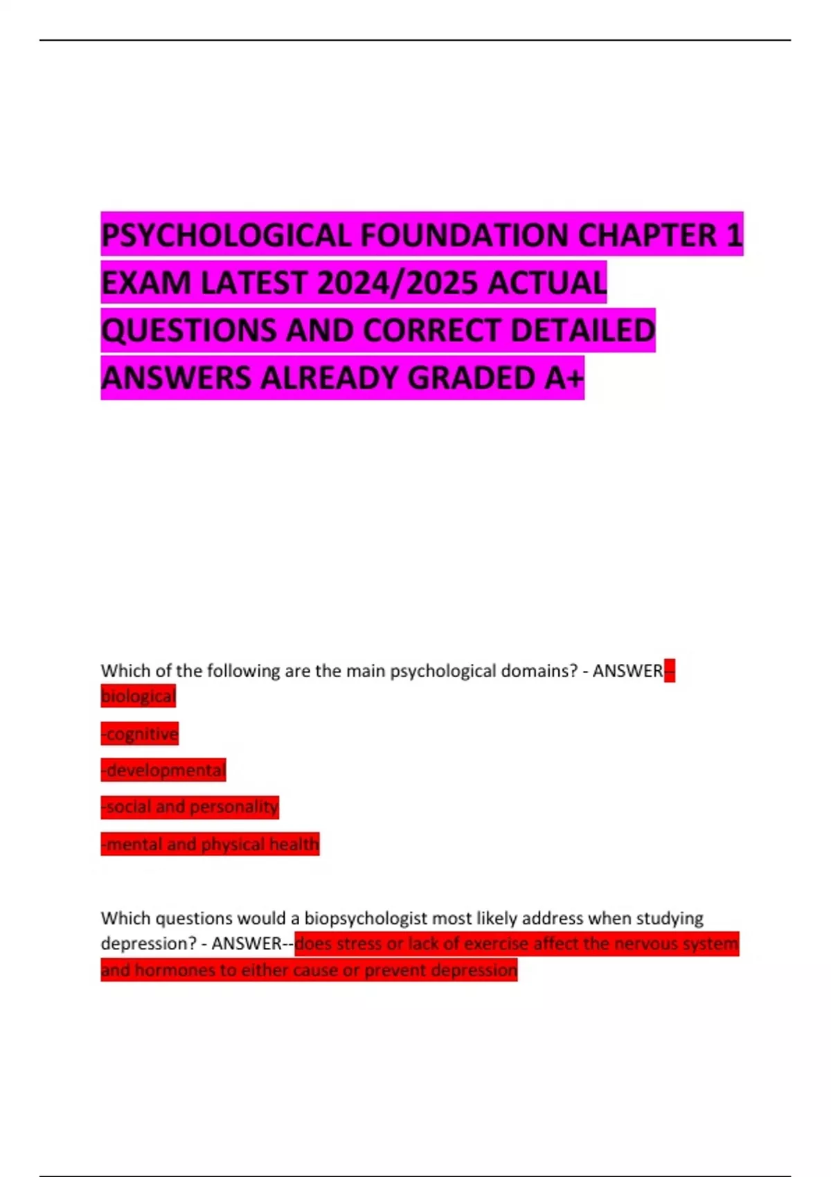 PSYCHOLOGICAL FOUNDATION CHAPTER 1 EXAM LATEST 2024/2025 ACTUAL ...
