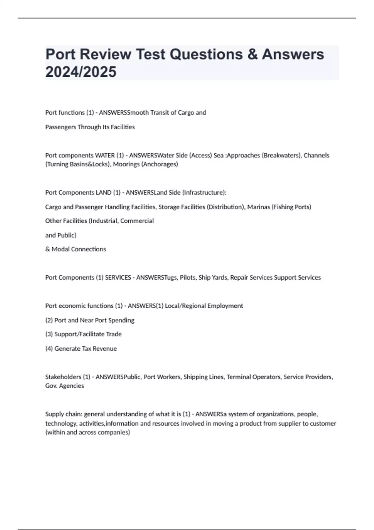 Port Review Test Questions & Answers 2024/2025 - Port - Stuvia US