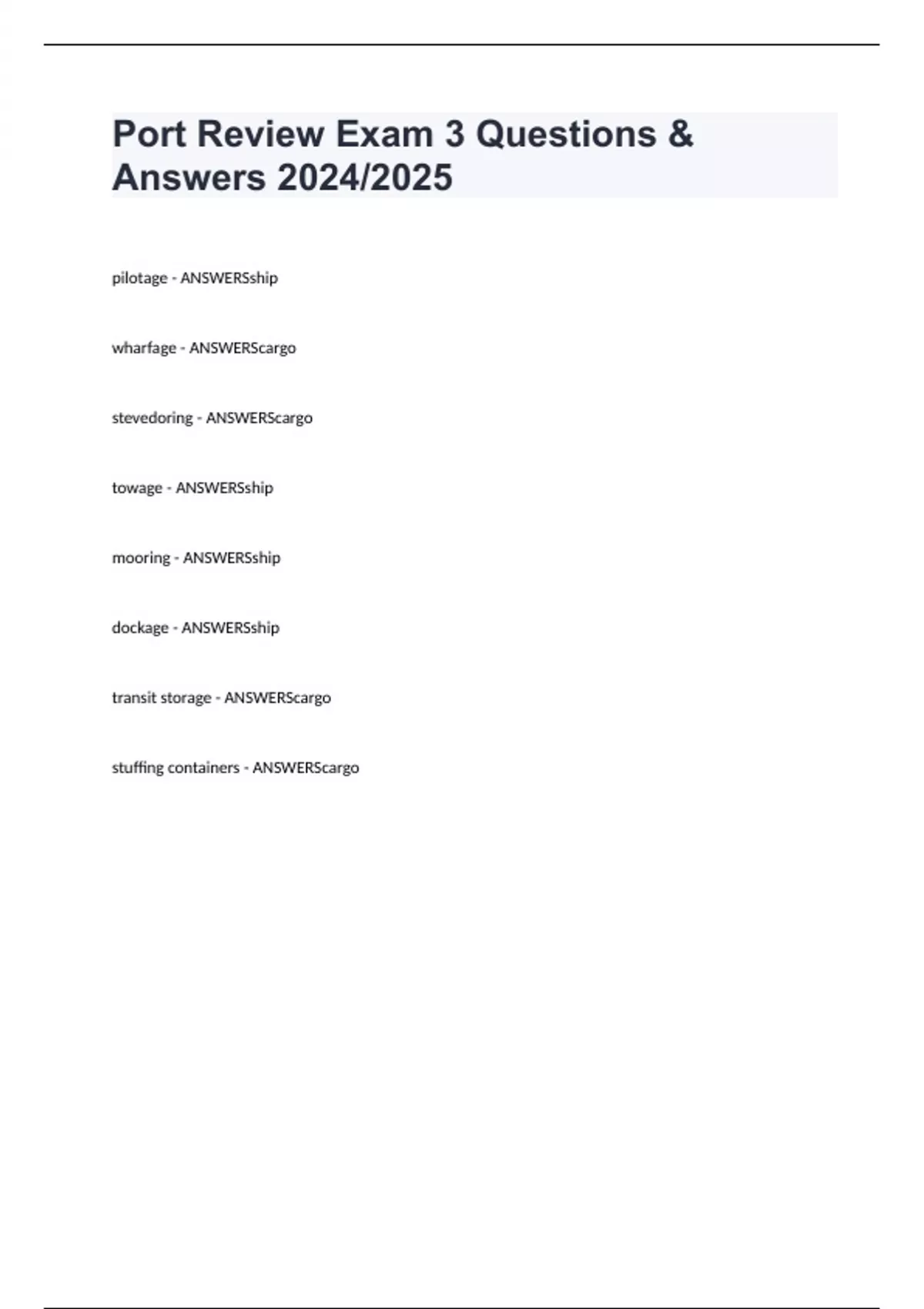 Port Review Exam 3 Questions & Answers 2024/2025 - Port - Stuvia US