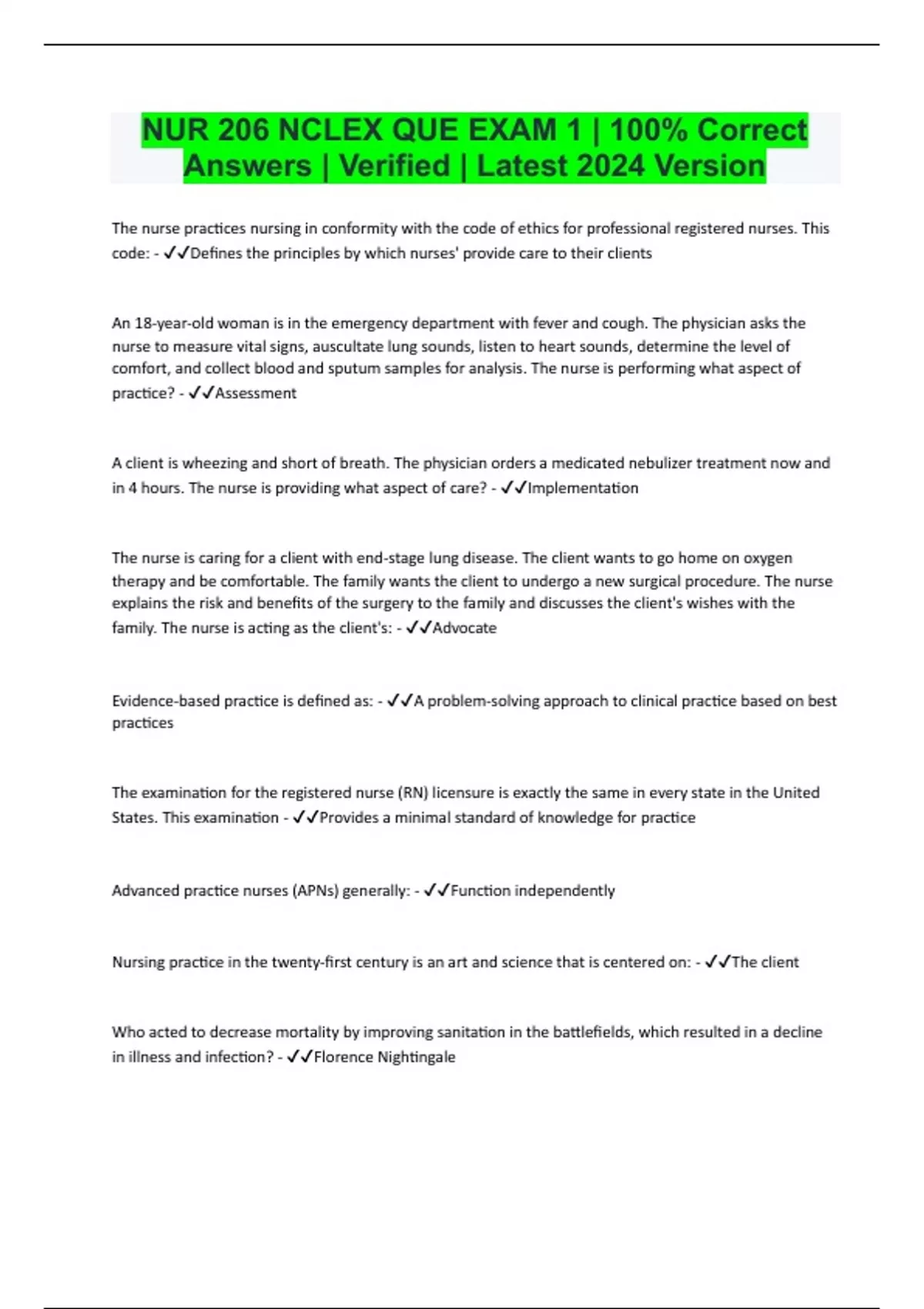 NUR 206 NCLEX QUE EXAM 1 100% Correct Answers Verified Latest 2024 ...