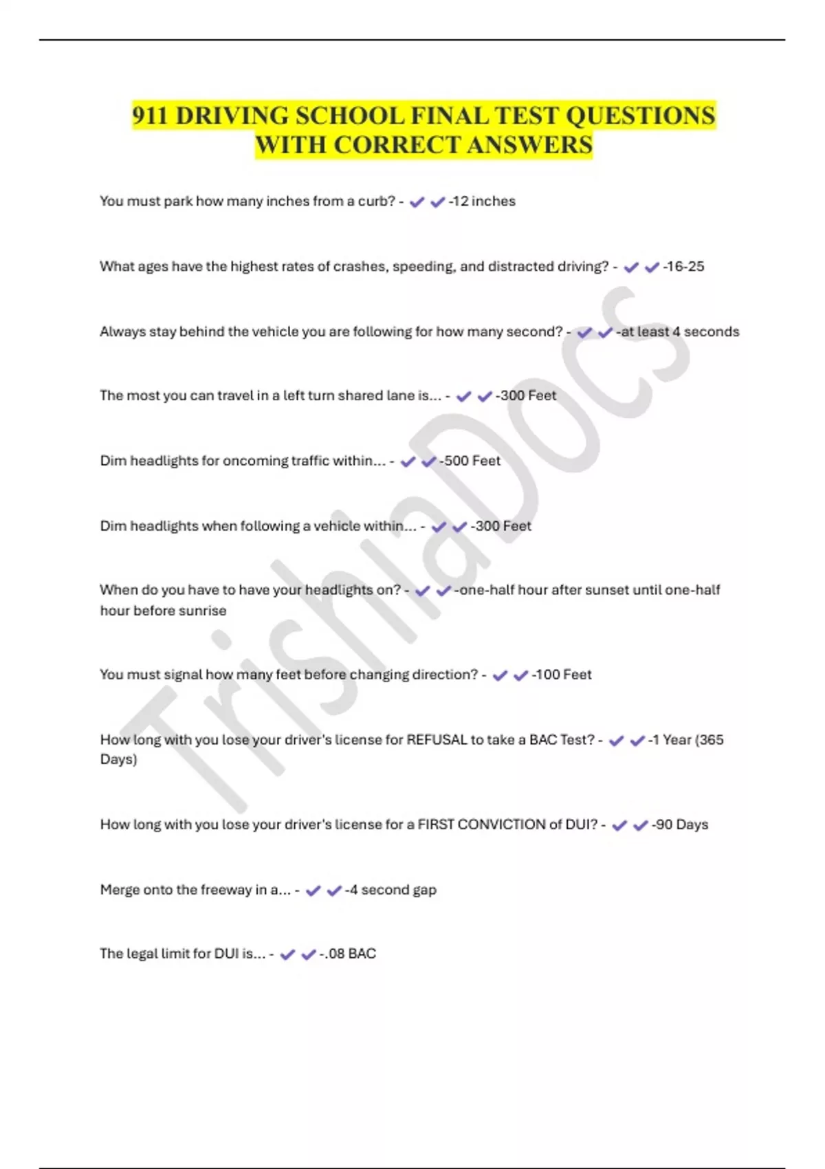 911 DRIVING SCHOOL FINAL TEST QUESTIONS WITH CORRECT ANSWERS - 911 ...