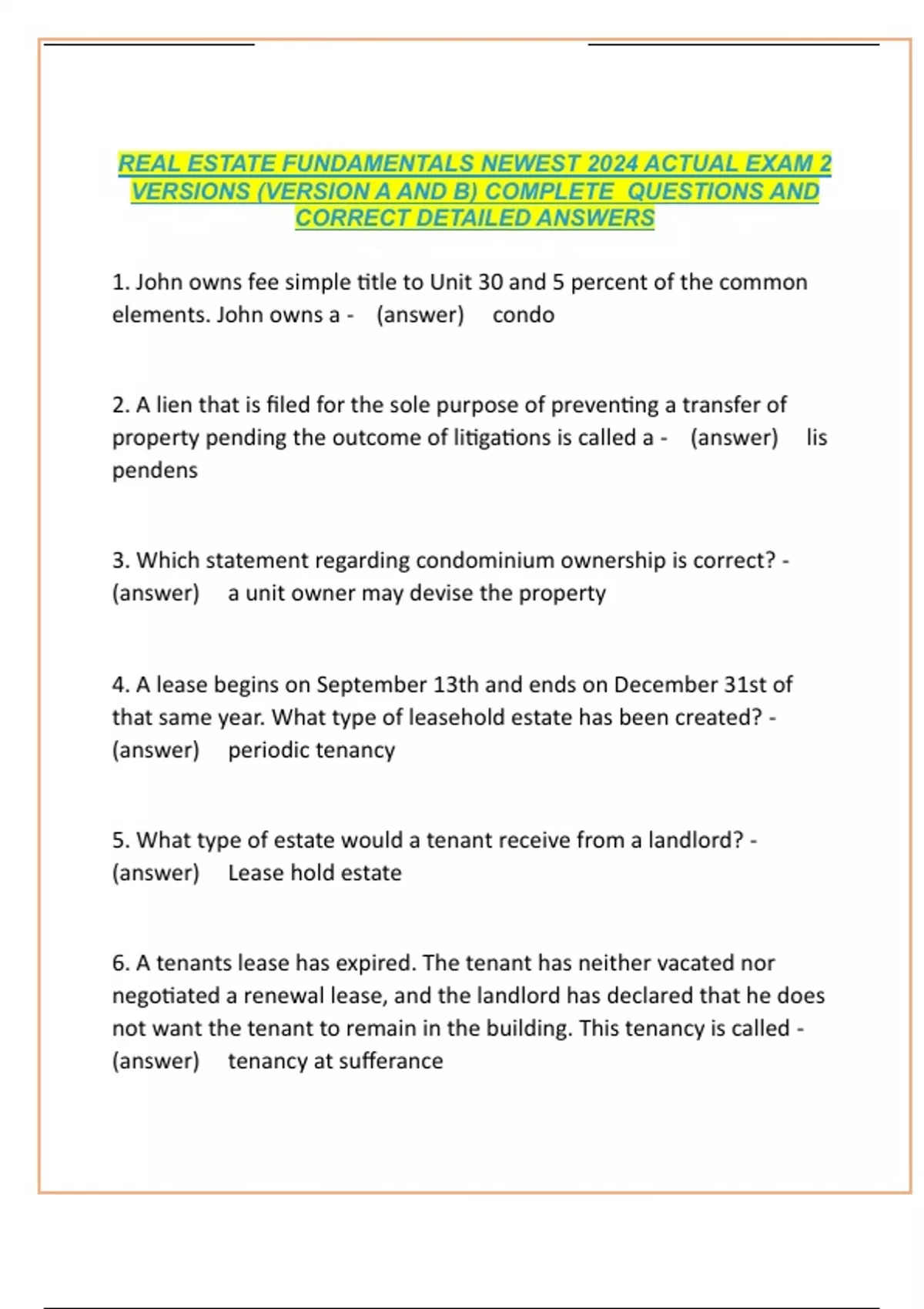 REAL ESTATE FUNDAMENTALS NEWEST 2024 ACTUAL EXAM 2 VERSIONS (VERSION A ...