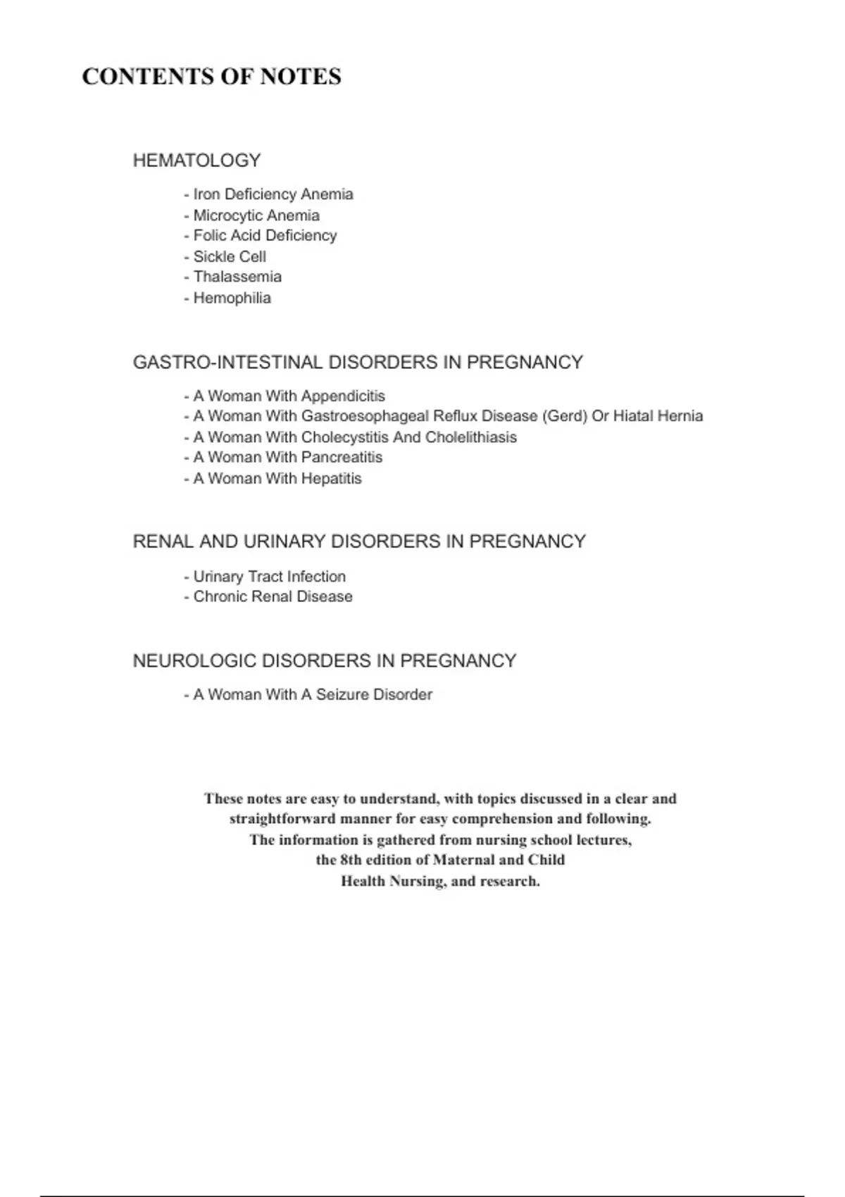 MATERNAL ABNORMAL OB NOTES - HEMATOLOGY, GI, RENAL & URINARY, NEURO ...