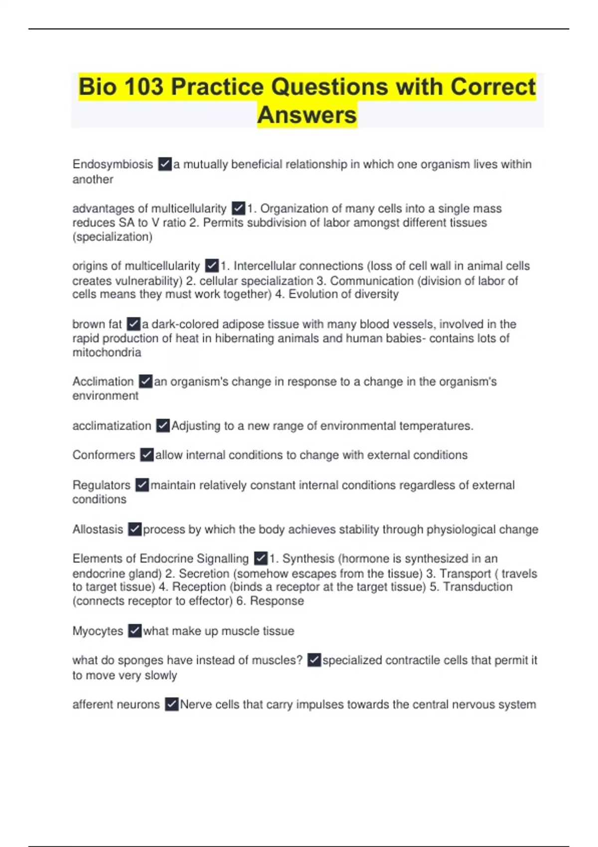 Bio 103 Practice Questions with Correct Answers - BIO 103 - Stuvia US