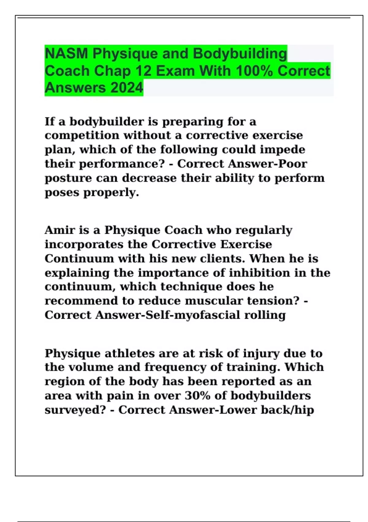 NASM Physique and Bodybuilding Coach Chap 12 Exam With 100% Correct Answers 2024 - NASM Physique ...