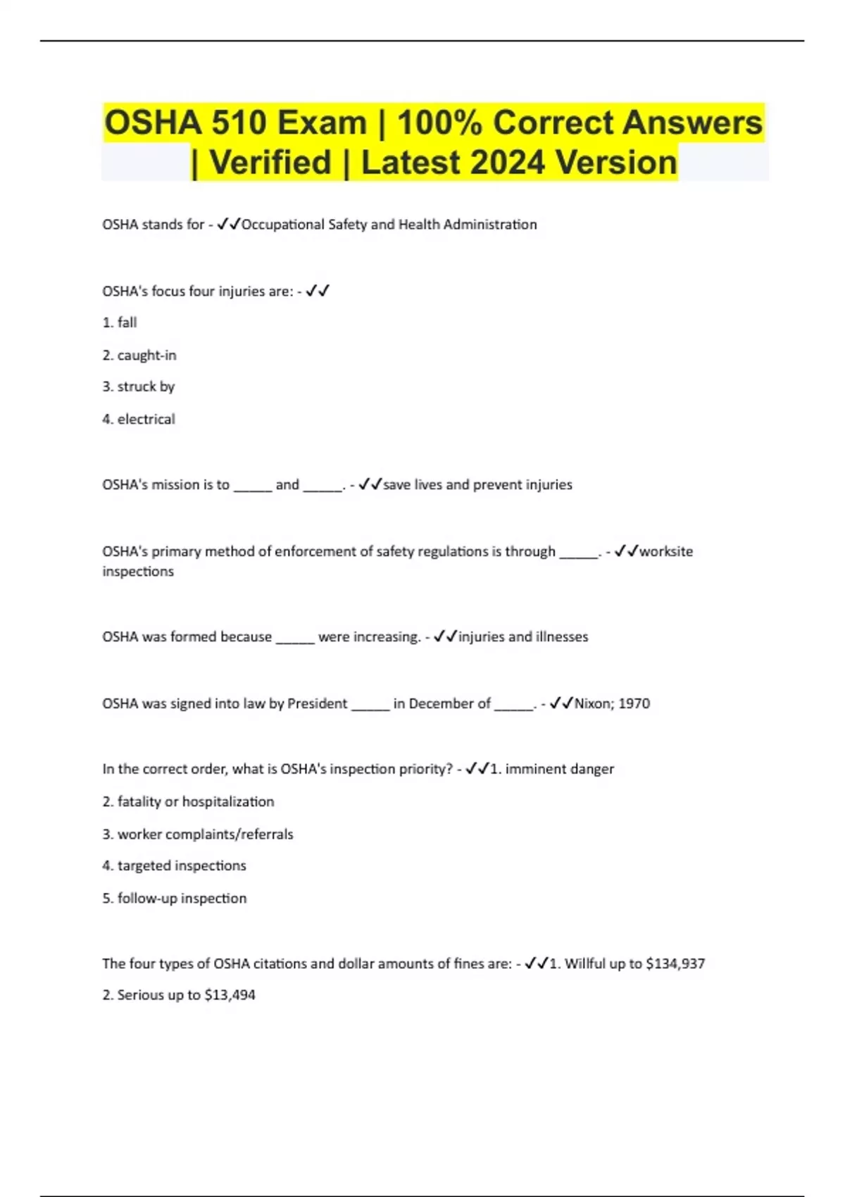 OSHA 510 Exam 100% Correct Answers Verified Latest 2024 Version ...