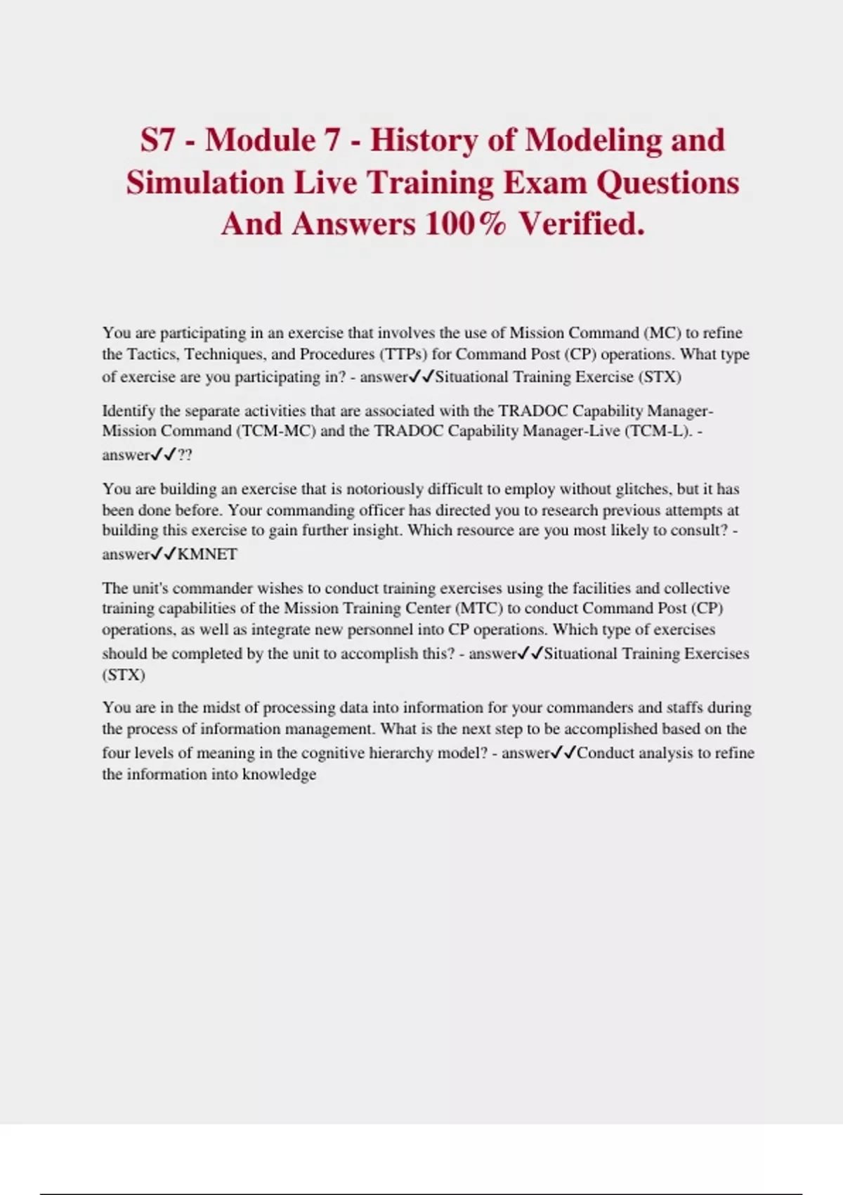 S7 - Module 7 - History of Modeling and Simulation Live Training Exam Questions And Answers 100% ...