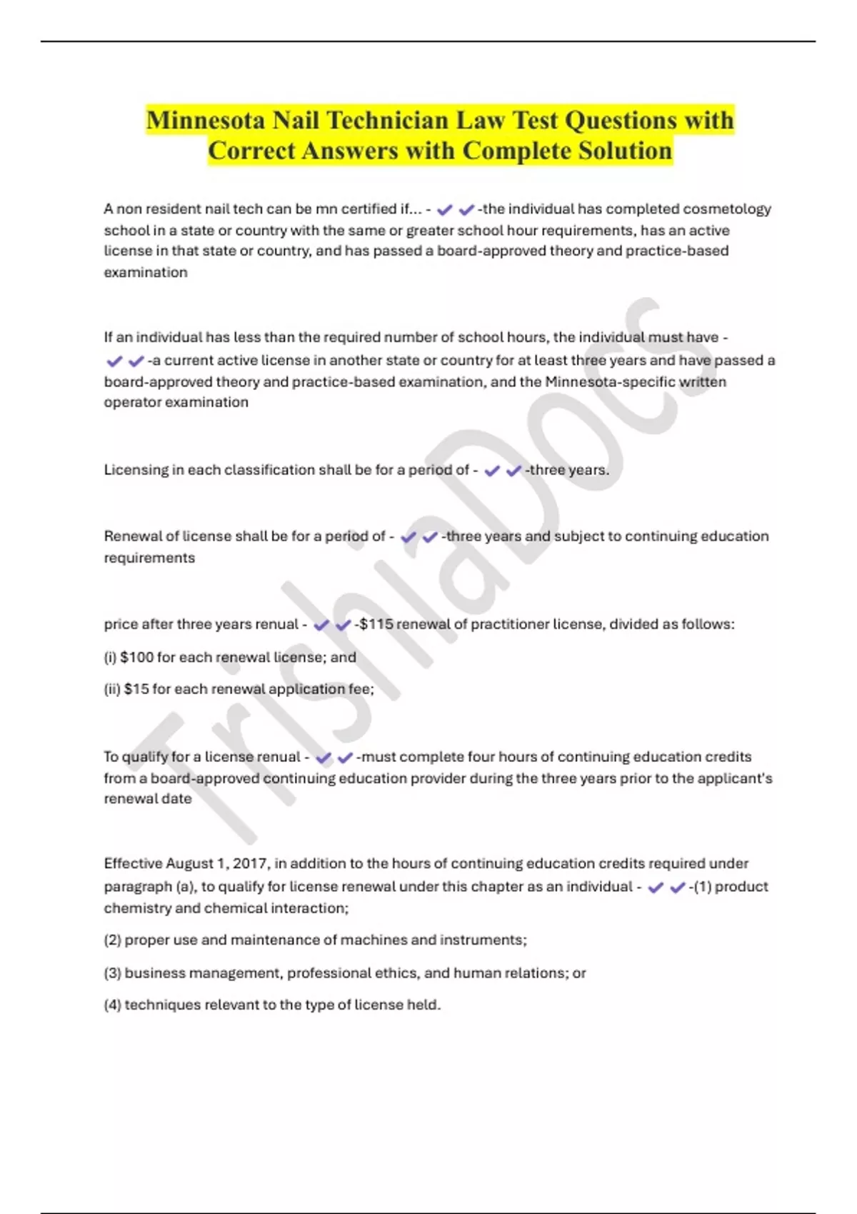 Minnesota Nail Technician Law Test Questions with Correct Answers with ...